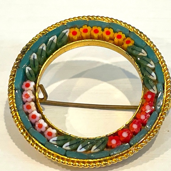 Jewelry | Vintage Open Circle Floral Multi Colored Micro Mosaic Pin ...